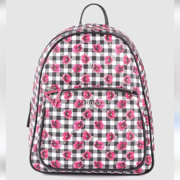Guess | Bags | Guess Black Pink Floral Print Checkered Backpack | Poshmark